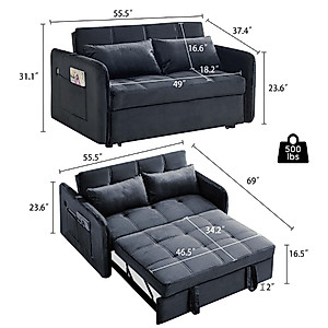 SumKea 3-in-1 Convertible Sleeper Sofa Bed, Velvet Futon Couch Pullout Bed with USB Ports, Modern Space Lounge Furniture for Living Room, Black