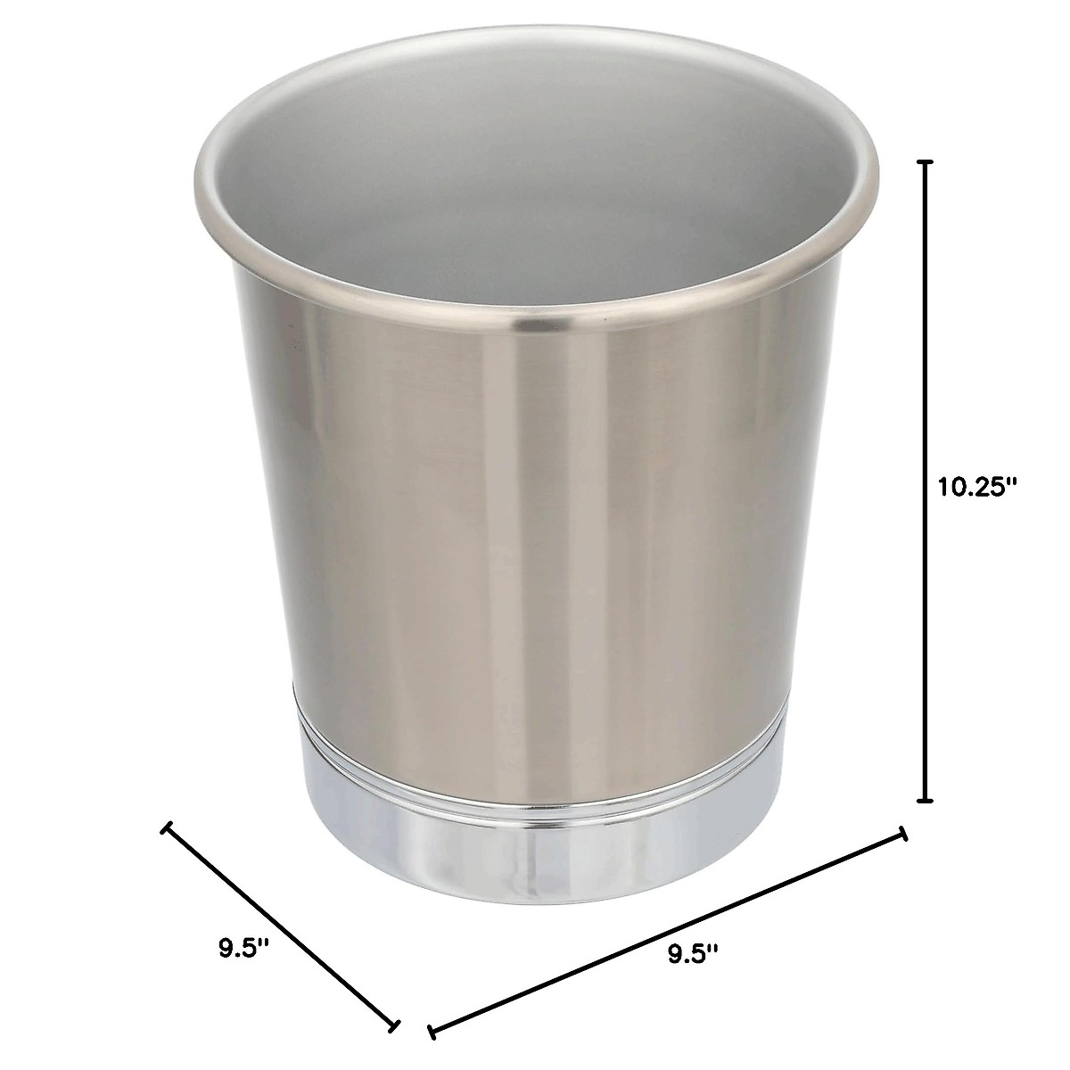 iDesign York Metal Wastebasket, Trash Can for Bathroom, Kitchen, Office, Bedroom, 9.5" x 9.5" x 10.25" - Brushed Nickel and Chrome