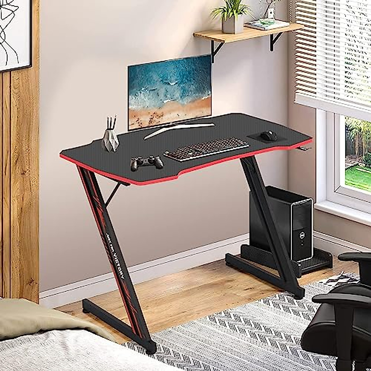 BLKMTY 47" Gaming Desk Z Shaped Gaming Desk Large Home Office Desks PC Computer Desk Workstation Study Desk Table Ergonomic Gamer Desk Wood Writing Desk with Headphone Hook for Game Player, Red