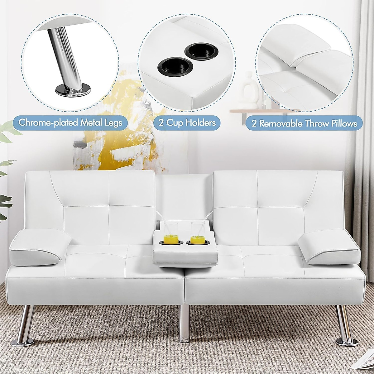 Convertible Folding Futon Sofa Bed with Metal Legs & 2 Cupholders, Modern Fabric Linen Upholstered Couch Loveseat Sleeper, Folding Couches Bed, Removable Armrests for for Small Spaces (White)