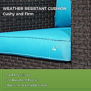 HEYNEMO Outdoor Patio Furniture Sets, 4 Pieces Outdoor Sectional Rattan Sofa Set, Brown PE Wicker Patio Conversation Sets with 8 PCS Lake Blue Washable Cushion and Tempered Glass Table
