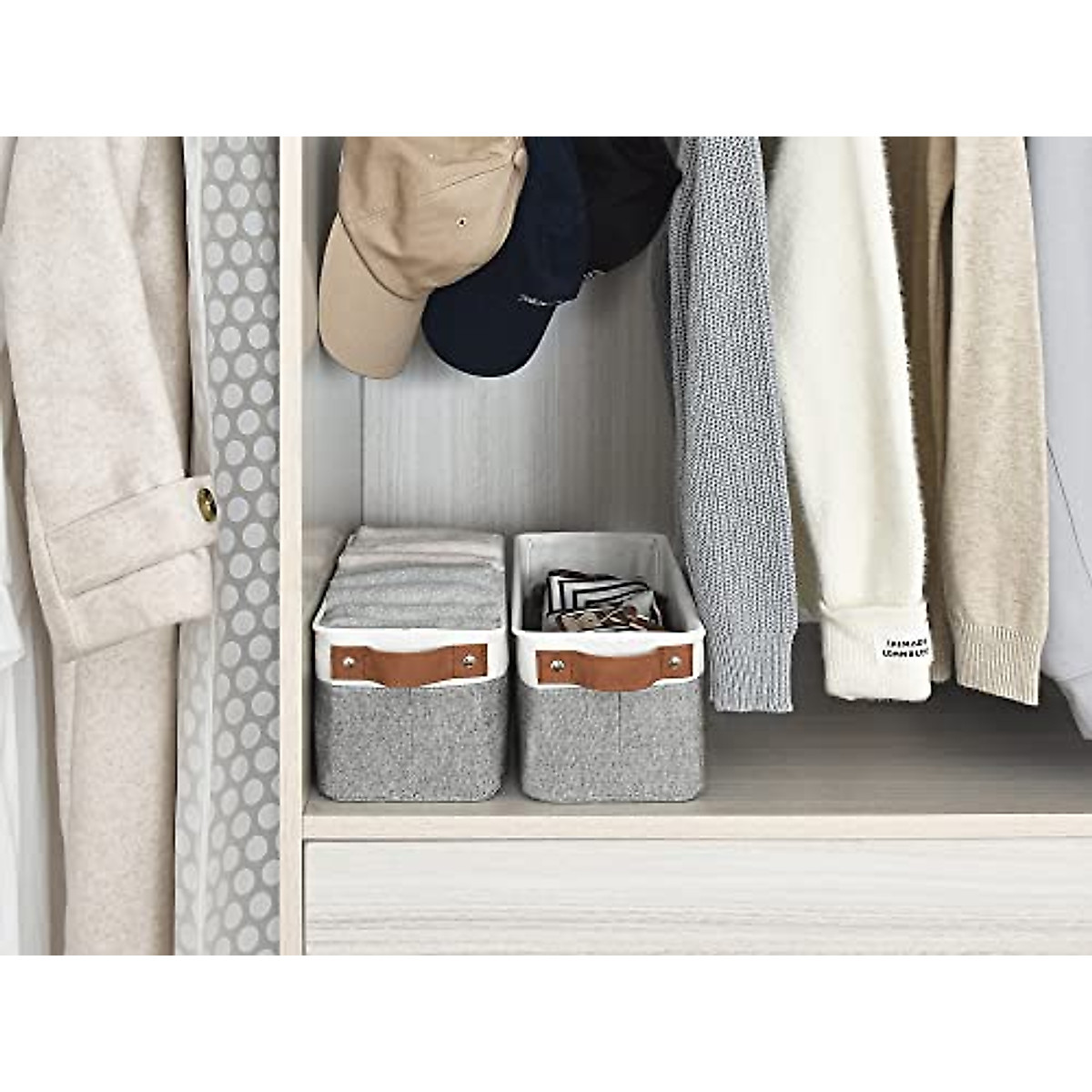 StorageWorks Narrow Storage Bins, Small baskets for Organizing, Long Storage Basket with Handles, Fabric Storage Bins for Shelf, Grey and White, 2-Pack