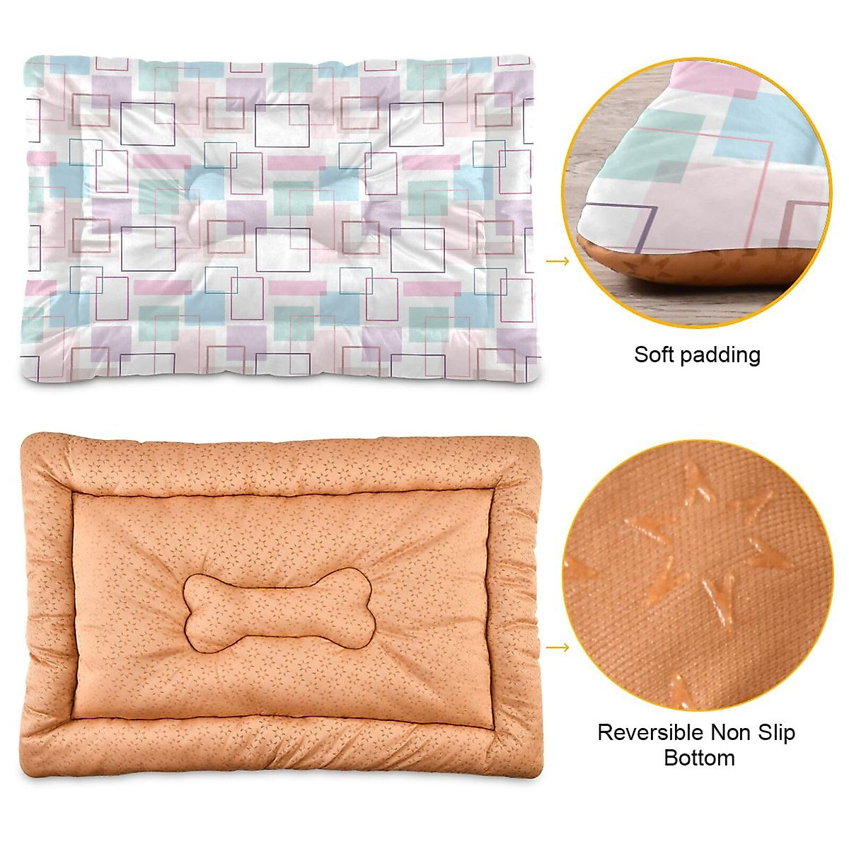 Coikll Pastel Square Pet Bed Pad Soft Dog Bed Mat with Anti-Slip Bottom, Machine Washable Crate Pad Mattress for Dog Sleeping- 24 * 18inches