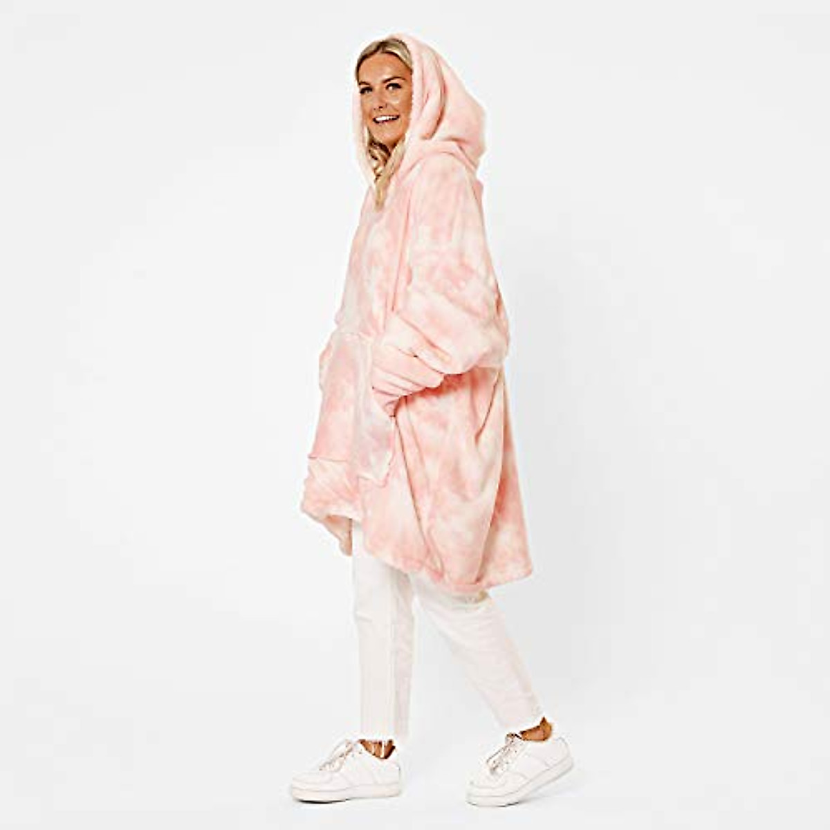 Dreamscene Tie Dye Pastel Hooded Hoodie Blanket Oversized Pullover Soft Sherpa Fleece Comfy Wearable Blanket Throw Giant Sweatshirt for Girls Teens Women Adults, One Size - Blush Pink