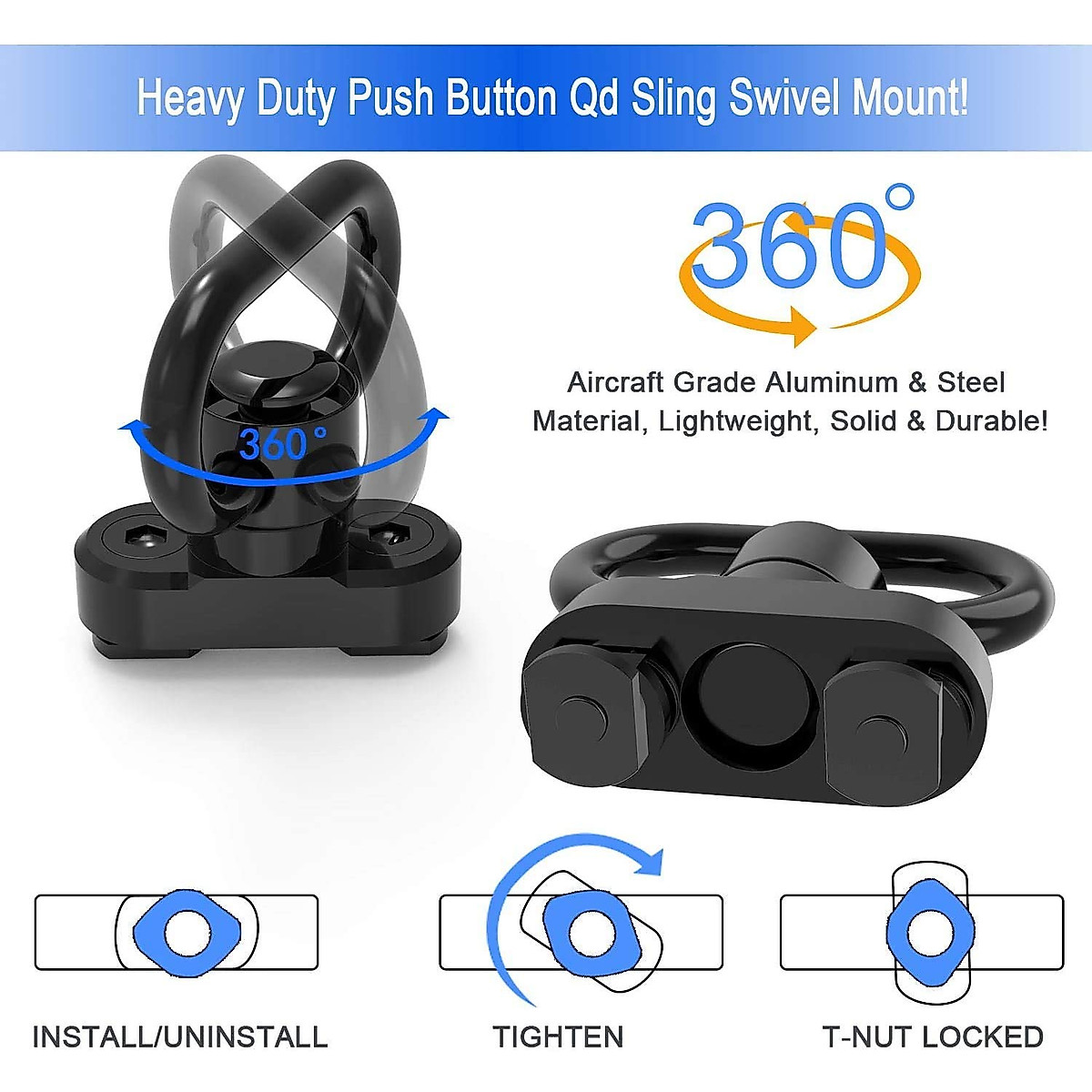 HANAMO 2 Point Sling Two Point Sling with 2 Pack QD Sling Swivels & QD Sling Mount black