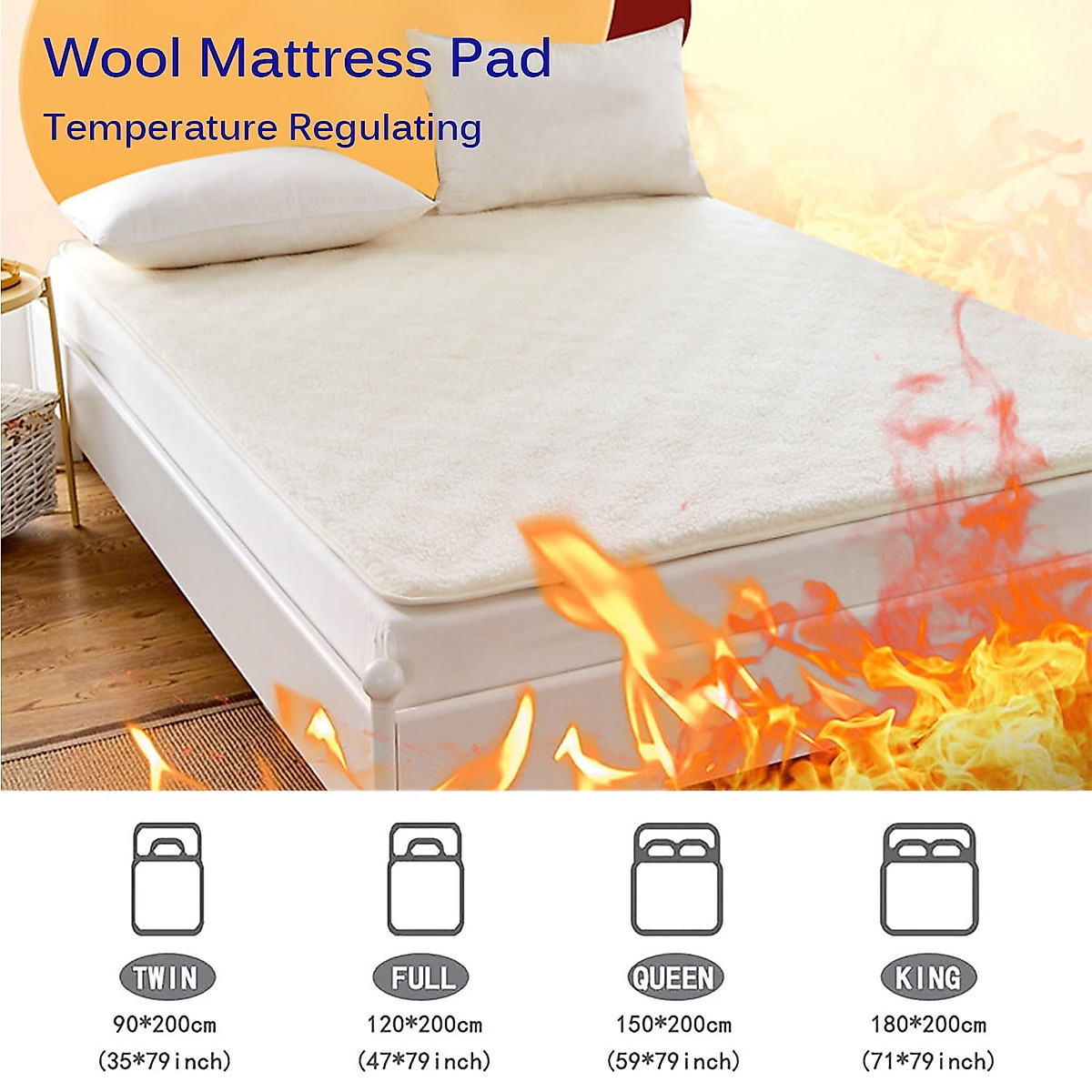100% Wool Fleece Fitted Mattress Cover Pad with Elastic Bands,Breathable Lamb Wool Mattress,Thicken Pure Wool Bed Topper,Folding Lamb Velvet Mattress,for Twin/Full/Queen/King(King(180x200cm), White)