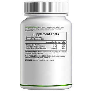 Zinc 50mg with Selenium 200mcg + Copper, 240 Capsules, 8 Month Supply, 3 in 1 Mineral Formula, Zinc Picolinate Complex Supplement, Supports Healthy Immune System for Adults and Kid