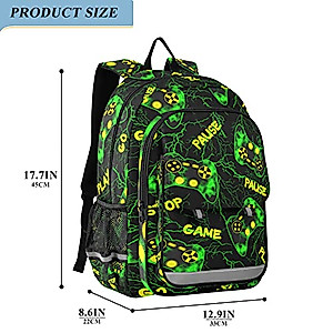 Glaphy Green Video Game Joystick and Lightning School Backpack Lightweight Laptop Backpack Student Travel Daypack with Reflective Stripes