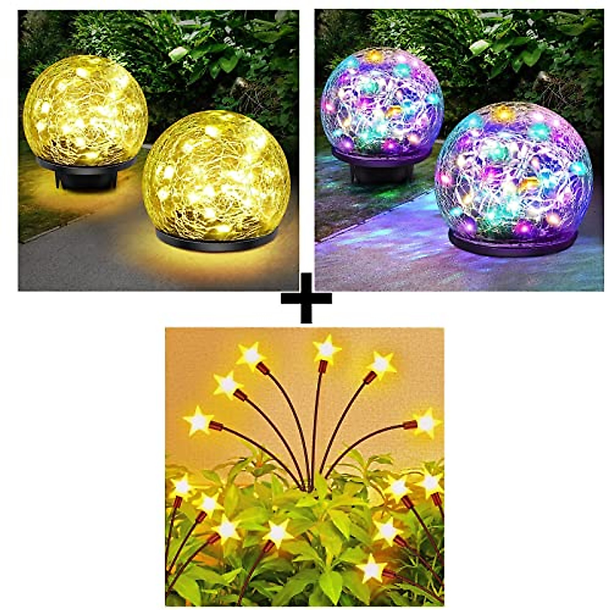 Keevvon Solar Garden Lights - 2 Pack of Solar Starburst Swaying Light and 4 Pack of Cracked Glass Solar Globe Lights, Solar Outdoor Lights Decorative Yard Patio Pathway Decoration, Warm White, Multico