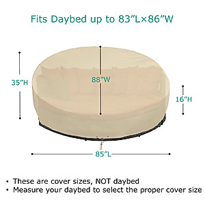 SunPatio Round Patio Daybed Cover 88 Inch, Heavy Duty Waterproof Outdoor Canopy Daybed Sofa Cover with Taped Seam, 88" L x 85" W x 35"/16" H, All Weather Protection, Beige