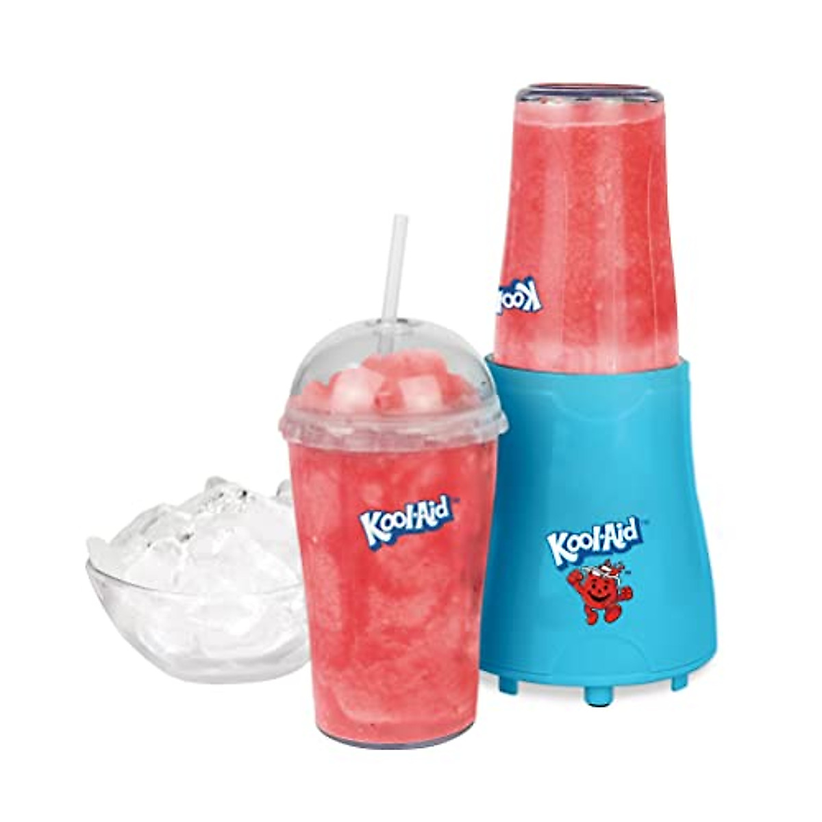Nostalgia Kool-Aid Slush ‘N Go Personal Blender for Smoothies, Slushies, Shakes, and Fruit Blends, Includes Two 15 Oz Travel Bottles, Cup Lid, and Reusable Straw, Blue