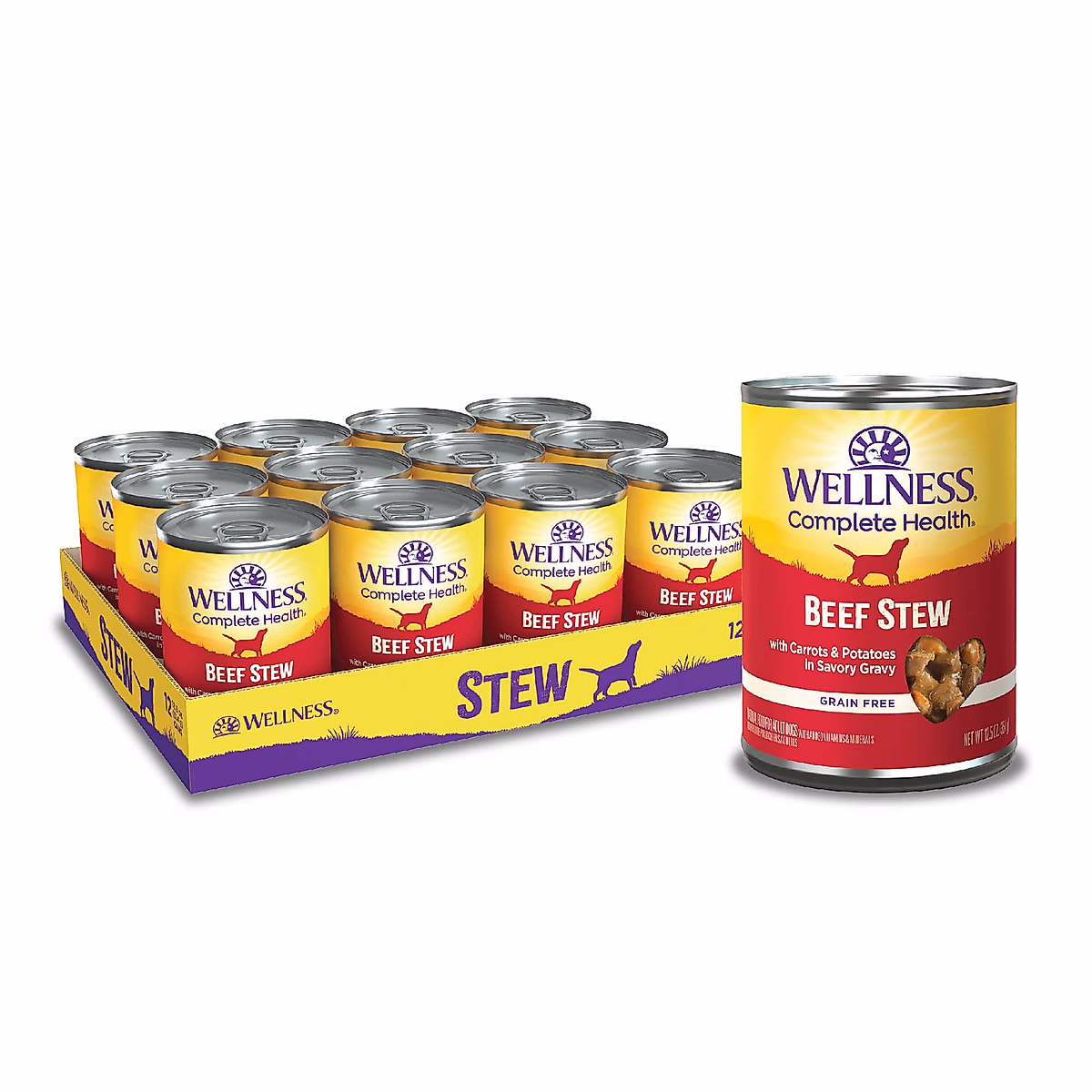 Wellness Complete Health Thick & Chunky Natural Grain Free Canned Wet Dog Food, Beef Stew, 12.5-Ounce Can (Pack of 12)