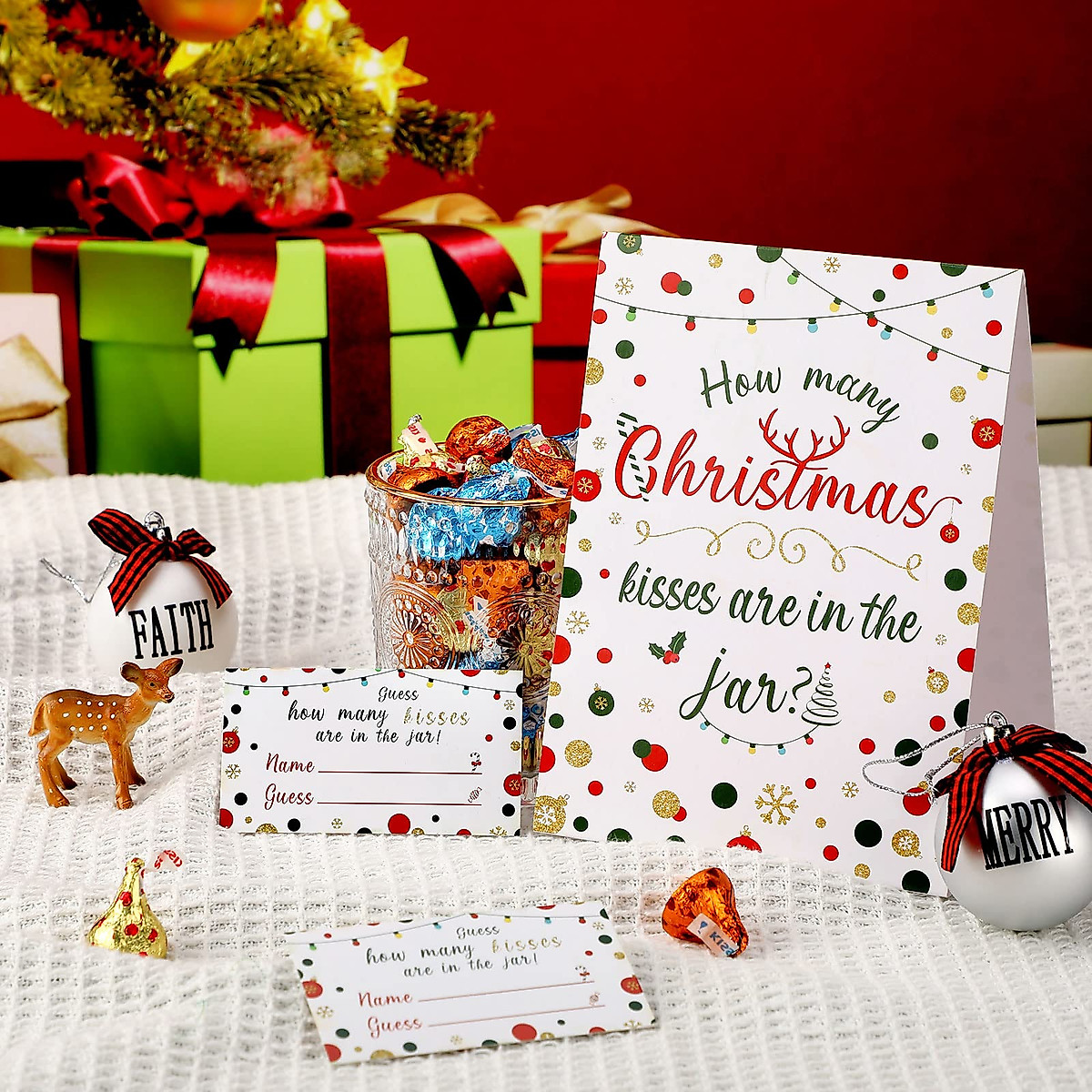 Christmas Party Game How Many Kisses Bridal Shower Game Wedding Shower Decorations Including 1 Standing Sign and 50 Guess How Many Cards for Christmas Party Bridal Shower Wedding Festive Holiday