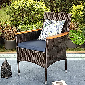 MFSTUDIO Patio PE Rattan Dining Chairs Set of 2,Modern Outdoor Wicker Chairs with Acacia Wood Armrests and Removable Cushion for Porch, Balcony, Garden