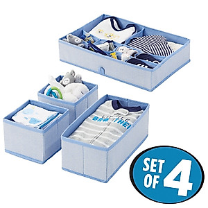 mDesign Fabric 4-Piece Drawer Organizer Bins, Kids/Baby Nursery Dresser, Closet, Shelf, Playroom Organization, Hold Clothes, Toys, Diapers, Bibs, Blankets, Blue Herringbone