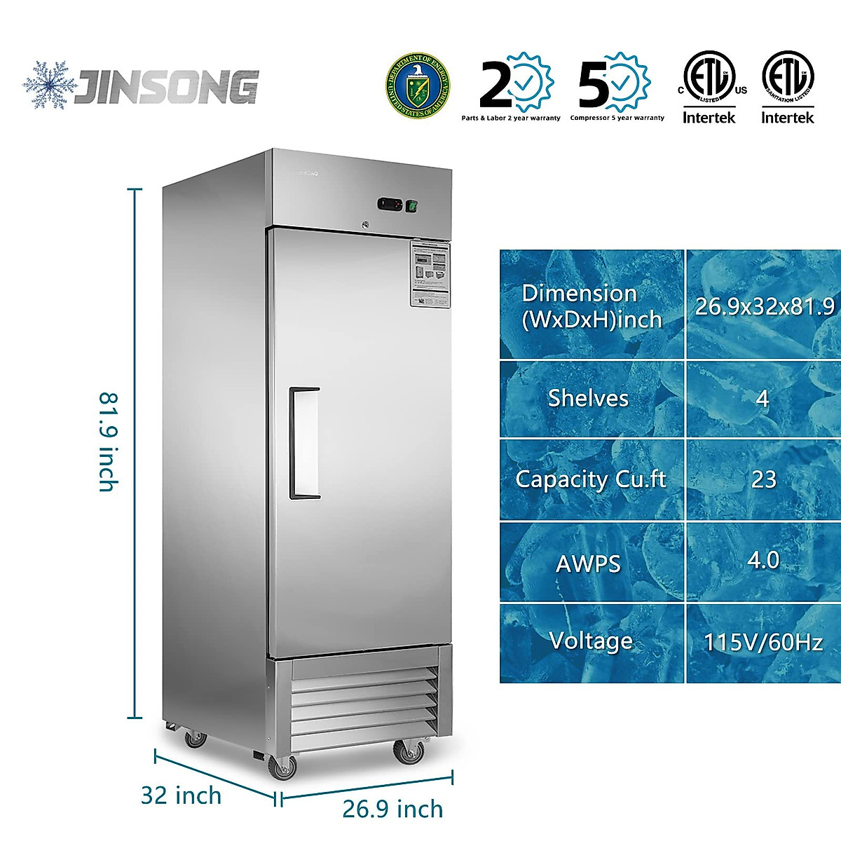 JINSONG 27" Commercial Freezer with Single Solid Door, 23 cu.ft Stainless Steel Reach-in Freezer for Restaurant, Bar, Shop, Residential
