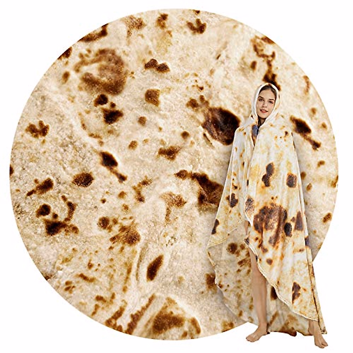 SeaRoomy Burritos Tortilla Throw Blanket, Tortilla Wrap Blanket, Novelty Funny Tortilla Round Blanket Giant Tortilla Round Soft Blanket for Kids (Brown, 47 inches)