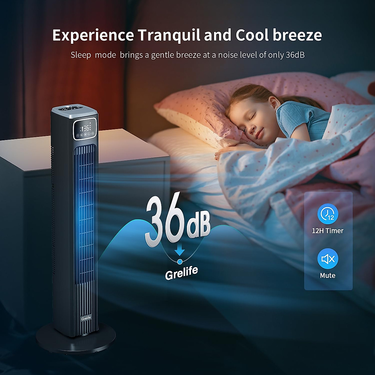 Grelife 36" Tower Fan, Bladeless Fan with 80° Oscillation, 3 Speeds, 4 Wind Modes, Touch Screen & Remote Control, 12-Hour Timer, Quiet Cooling Fan for Home Office Bedroom