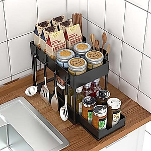 2 Pcs 2-Tier Under Sink Organizers and Storage with Bottom Pull Out Drawers, Towels Hooks and Hanging Cups, Bathroom/Kitchen Multipurpose Miscellaneous Supplies Organization And Storage Rack