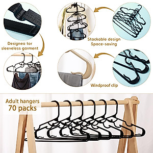 70 Plastic Hangers with Clips Stackable Hangers Nonslip Clothes Hangers Pants Hangers Space Saving Adults Suit Hangers with Clips Short Hanger Black Hangers with 40 Additional Hanger Clips