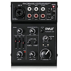 Pyle 3 Channel DJ Controller - USB Mixer Sound Audio Recording Interface with XLR & 3.5 mm Microphone Jack, Line In RCA, Rechargeable Battery, Mix Monitoring, For Professional/ Beginners - PAD15MXU