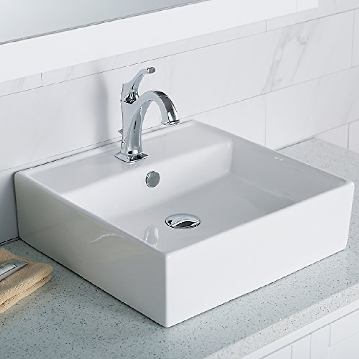 Kraus KCV-150 Elavo Square Vessel Porcelain Ceramic Bathroom Sink with Overflow, 18 1/2, 18.63, White