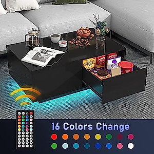 SUSSURRO LED Coffee Table with 4 Storage Sliding Drawers, High Glossy Modern Center Table with 20 Colors LED Lights for Living Room Bedroom,(Style-1 Black)