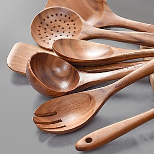 YOVAIN High-end Kitchenware Set, Natural acacia Wood Kitchenware Set Spatula, Colander, salad spoon, soup spoon, salad fork, three-wire spatula, large wooden spatula. Paint free household kitchenware