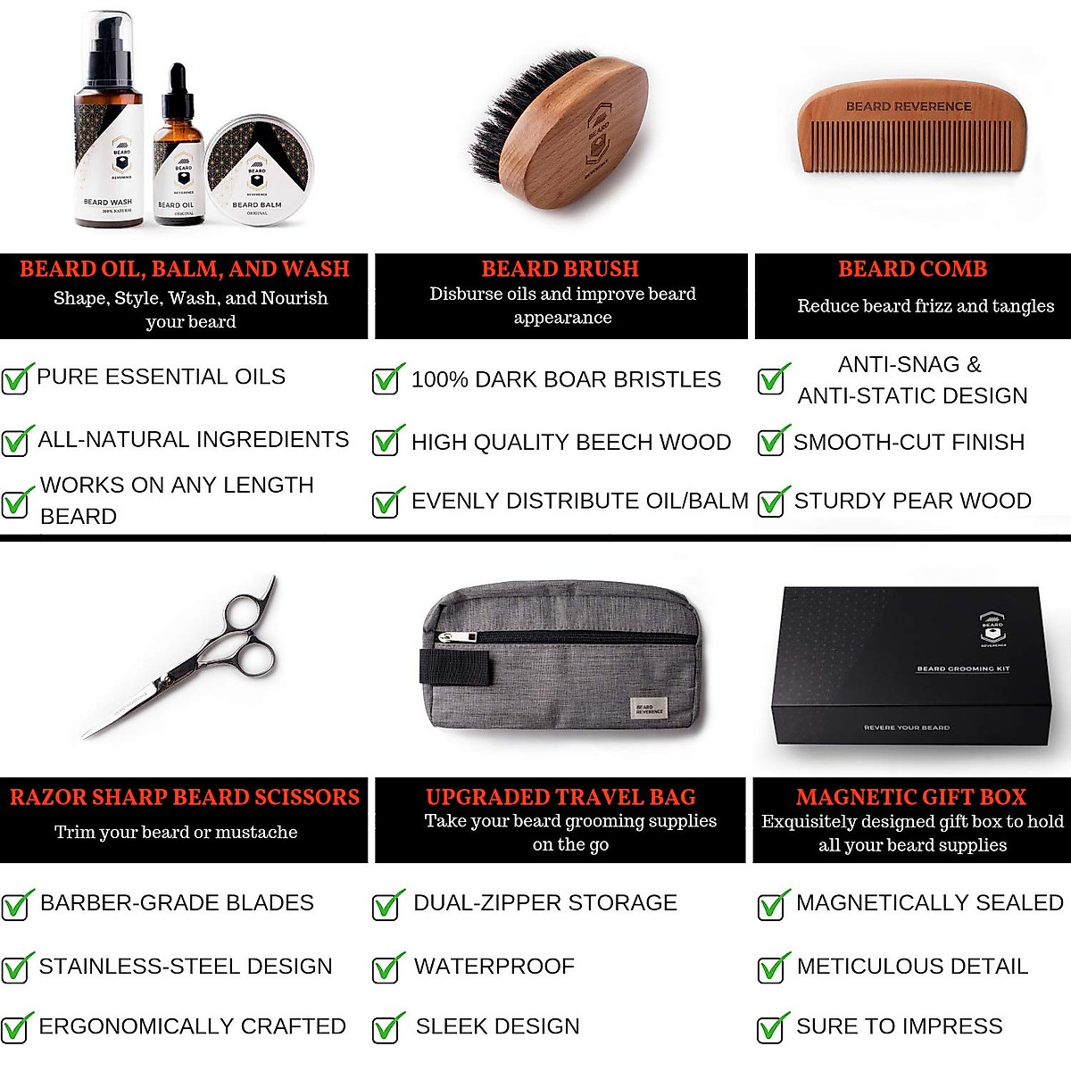 Beard Reverence Premium Beard Grooming Kit for Men Care w/Upgraded Travel Bag – All-Natural Beard Oil, Beard Balm Butter Wax, Beard Wash, Scissors, Comb, Boar Bristle Brush with Gift Set Box