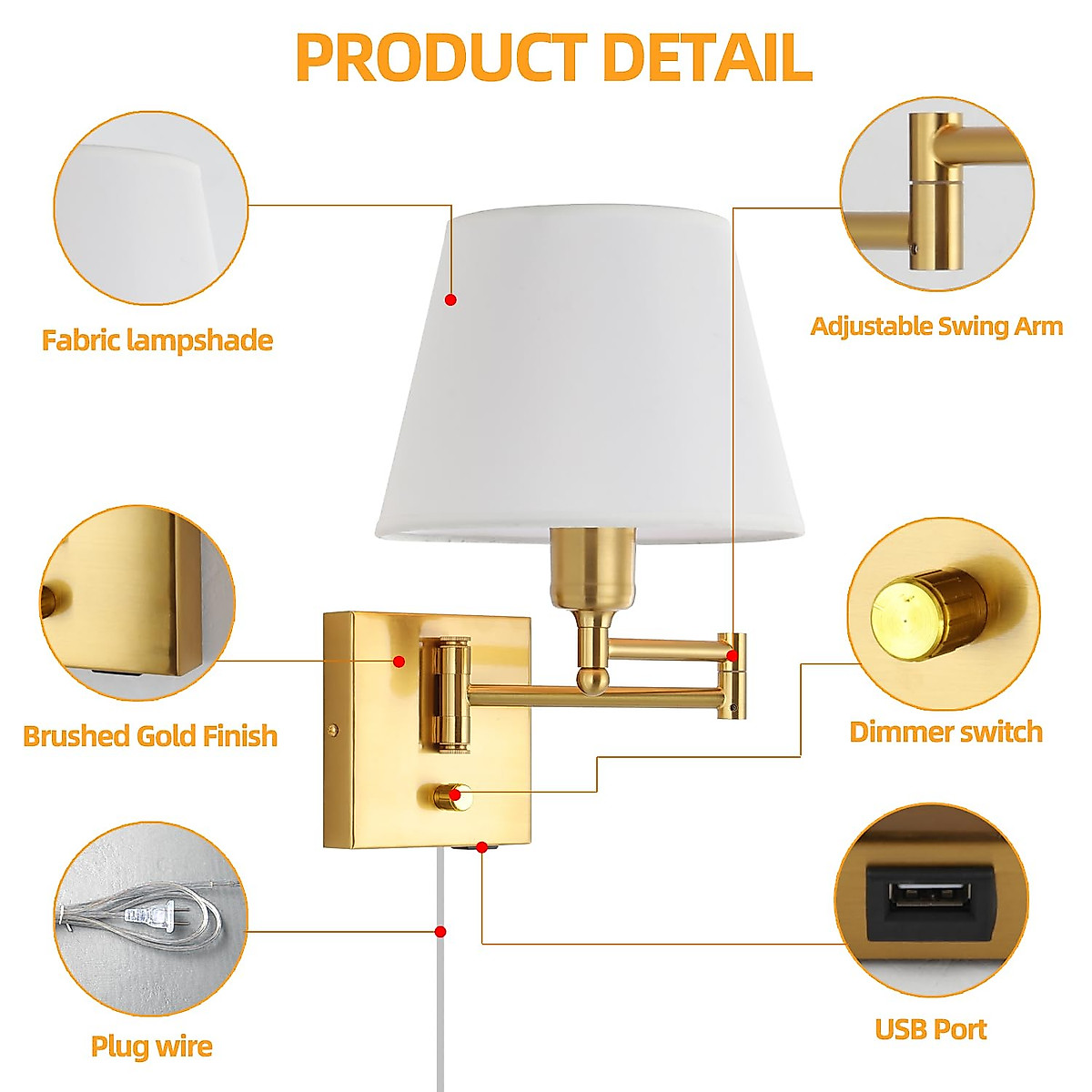Affsure Bedside Wall Mount Light with Dimmable Switch, Swing Arm Fabric Shade Wall Sconce Light with USB Port and Plug in Cord, Gold Wall Lamp for Bedroom, Living Room and Hotel