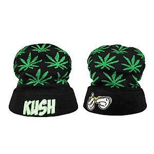 Marijuana Weed Acrylic-Hat Knit Beanie - Leaf Pot Cuffed Knit Winter Weed Beanie Hat Mens Women Green