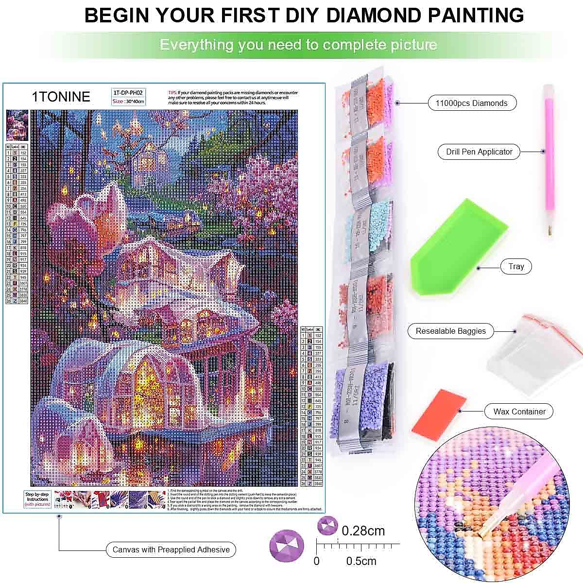 1tonine DIY Diamond Painting Kits for Adults - Flower Pink House Dream Scenery (Canvas) Full Round Drill Diamond Art Kits for Beginnners - Valentines Day Gifts Wall Room Decor (12x16inch/30×40cm)