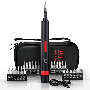 P.I.T. Electric Screwdriver Set, 3.6V Cordless Magnetic Precision Screwdriver Kit with 3 Led Light and 24 Standard Screwdriver Heads, Handy Repair Tool for Phone Watch Camera Laptop