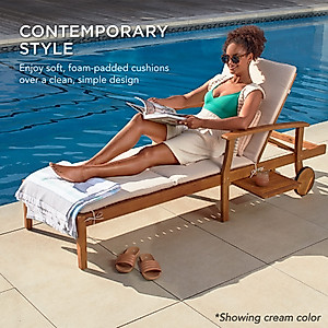 Best Choice Products 79x26in Acacia Wood Chaise Lounge Chair Recliner, Outdoor Furniture for Patio, Poolside w/Slide-Out Side Table, Foam-Padded Cushion, Adjustable Backrest, Wheels - Navy Blue