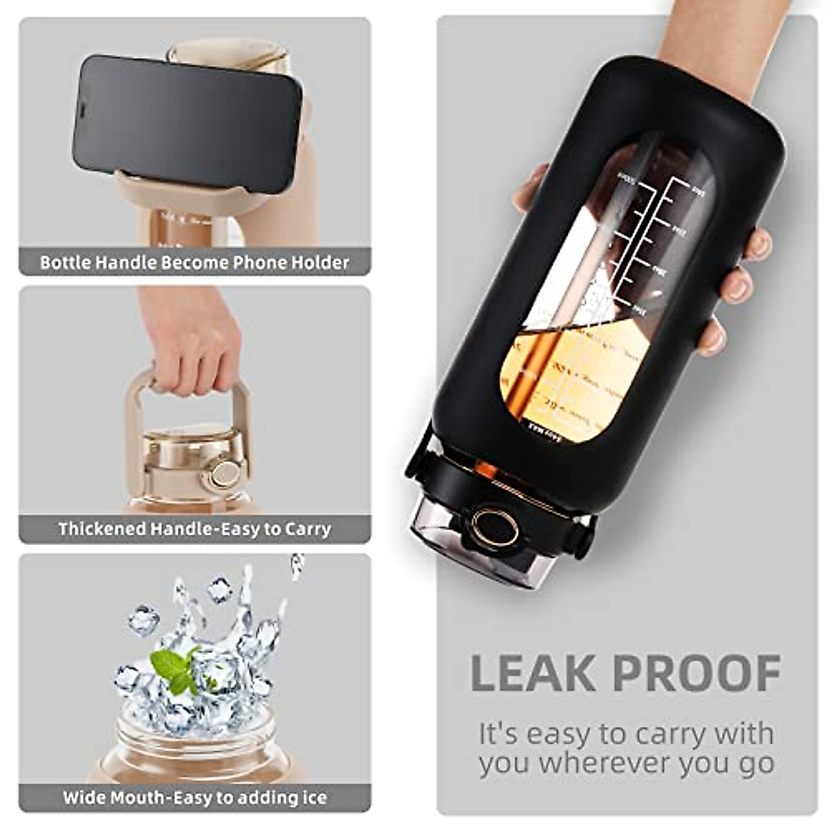 SIEROZUR 74oz Glass Water Bottle Jug with Straw 2.2L Large Half Gallon Motivational Bottle with Handle and Time Marker Wide Mouth Water Canteen with Silicone Sleeve