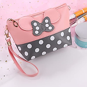 yiwoo Cosmetic Bag Mouse Ears Bag with Zipper,Cartoon Leather Travel Makeup Handbag with Ears and Bow-knot, Cute Portable Cosmetic Bag Toiletry Pouch for Women Teen Girls Kids(Pink)