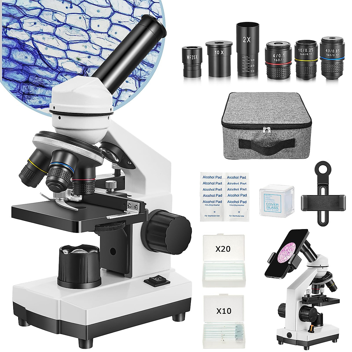Temery Microscope for Adults Kids Students, 40X-2000X Microscope for Beginners, Biological Microscope Kit with Phone Holder, 10pcs Specimen Slides, 20 Pcs Slides & 100pcs Coverslips, Storage Bag