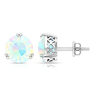 Natural Ethiopian Opal Solitaire Stud Earrings, Certified 8 MM Rainbow Opal, AAA Quality, October Birthstone Earrings, 14K White Gold