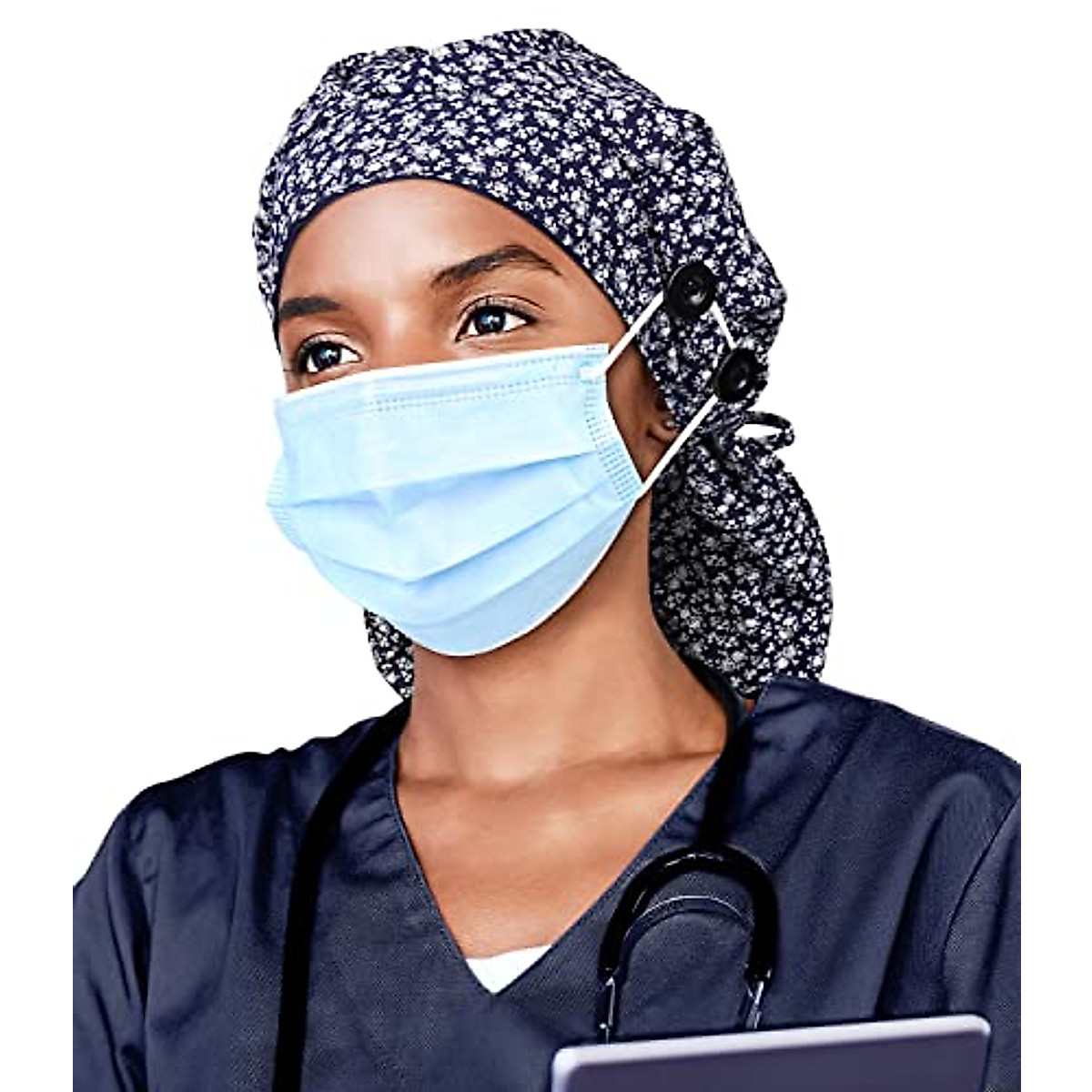 Winitas Satin Working Cap with Buttons Tie Back Adjustable for Women Long Hair