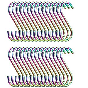 Evanda Rainbow S Hooks for Hanging Pack of 30, Heavy Duty Stainless Steel Titainium Plating Metal Mutil Purpose Hanger for Kitchen Pans, Pots, Utensils Tooks, Cups, Mugs, Clothes, Bags, Towels, Plants