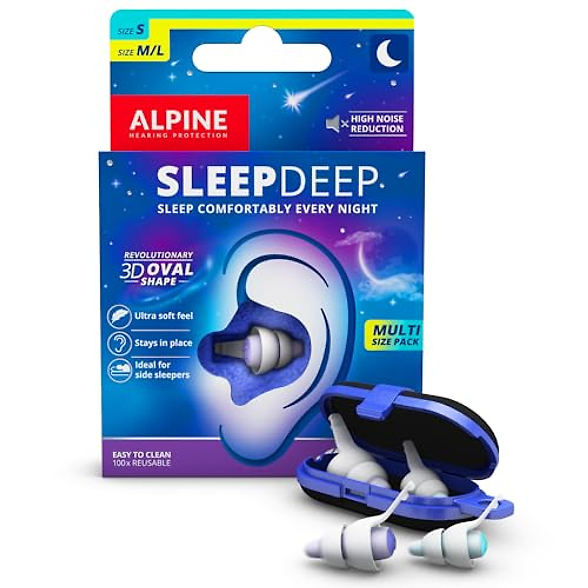 Alpine SleepDeep Multisize - Soft Ear Plugs for Sleeping and Concentration - New 3D Oval Shape and Noise Reducing Gel for Better Attenuation - 27dB - for Side Sleeper - 2-Pair Reusable: S + M/L