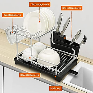 IKAYAA 2-Tier Dish Drying Rack, Dish Rack and Drainboard Set with Swivel Spout, with Cup Holder, Premium Aluminum, for Small Kitchen Countertop, Black Tray + Silver Frame