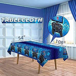 DECORLIFE Game on Party Supplies Serves 24, Blue Video Game Party Supplies Includes Tablecloth, Popcorn Boxes, Birthday Plates for Boys Gamer Party Decorations, Total 200PCS