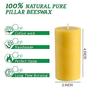 Beeswax Pillar Candles, Natural Bees Wax Candles 2x4 Inch, 4 Pack, Unscented Large Pillar Candle - Smokeless & Dripless, 35-40 Hours Long Burning Time for Home Decor, Dinner, Party