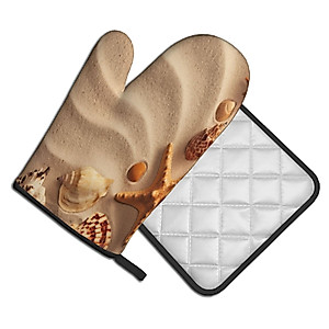 Oven Mitts Pot Holders Set of 2 Heat Resistant Kitchen Summer Beach Sand Starfish Seashell Oven Mitts Waterproof Women Men Home Cooking Baking Microwave BBQ Gift