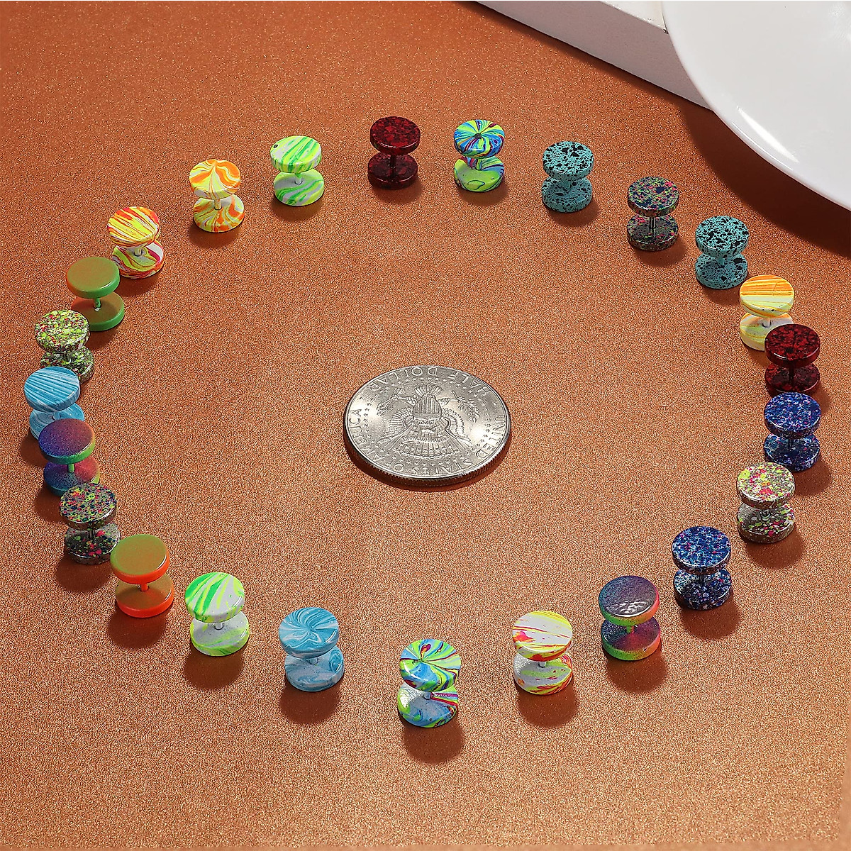 FIBO STEEL12 Pairs Faux Gauge Earrings Stainless Steel Stud Earrings for Men Women Cheater Fake Ear Plugs Gauges Tunnel