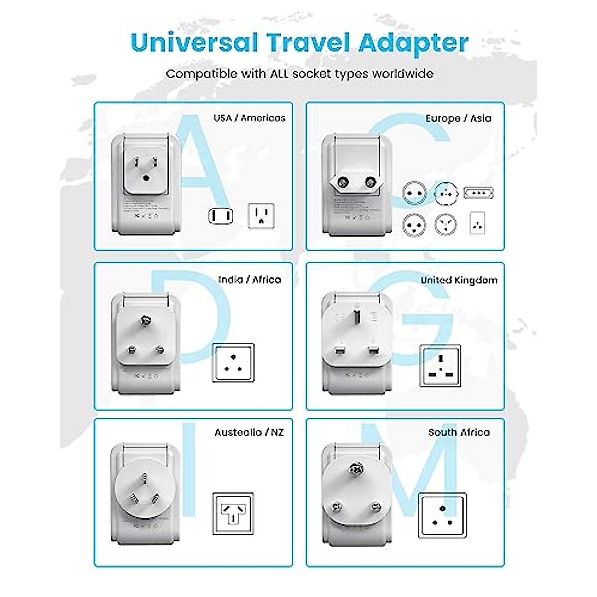Universal Travel Adapter Kit, VINTAR International Plug Adapter with 3 USB Ports(2 USB C, 3.4A) & 2 American Outlets, Type A,C,G,D,I,M Swap&Adapt Attachments, Adapter for US/EU/UK/India/AUS/Africa