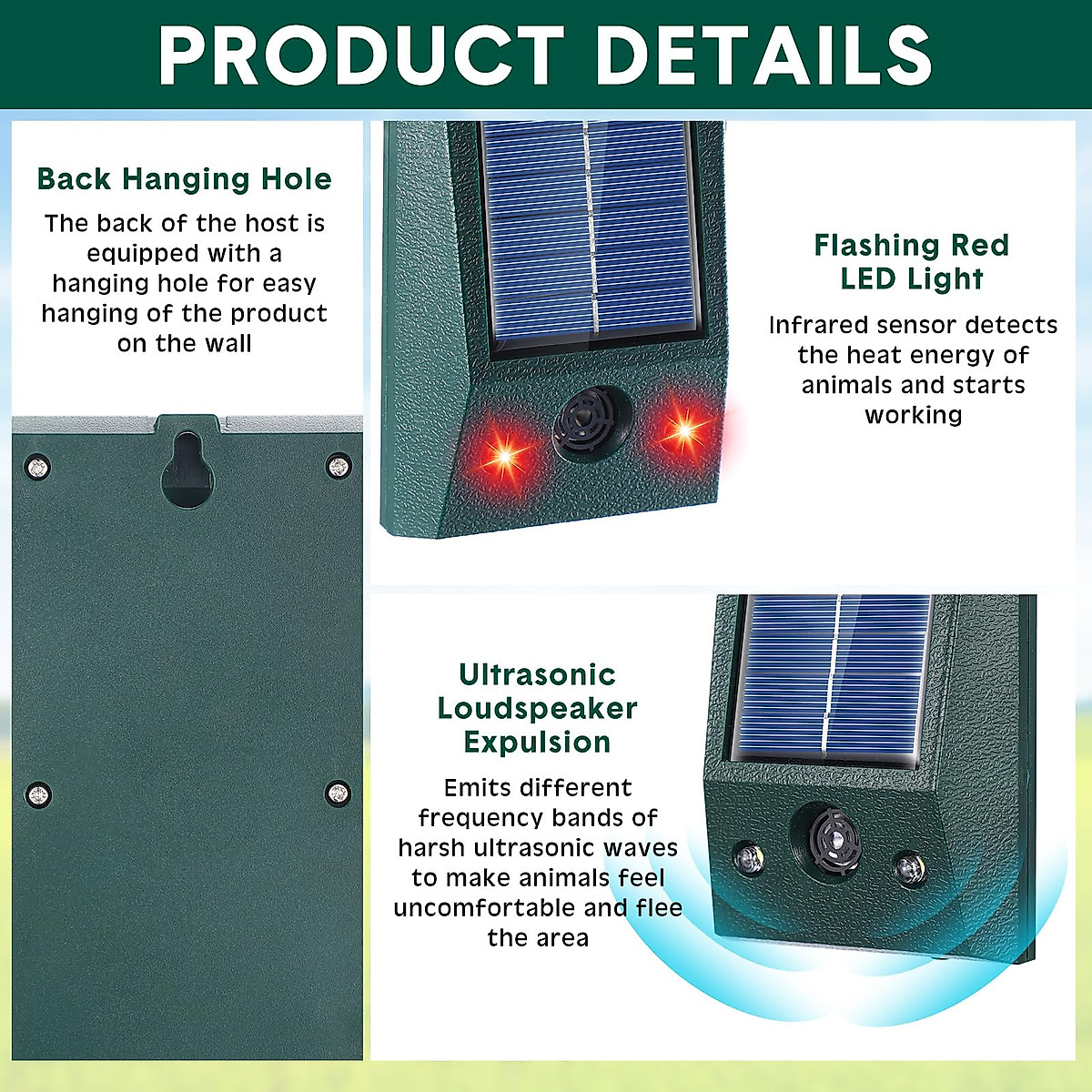 Qualirey 4 Pcs Solar Ultrasonic Animal Repeller Outdoor Mouse Repellent Devices with Strobe Flashing Light Waterproof Solar Animal Repeller for Wolves, Dog, Deer, Yard Garden