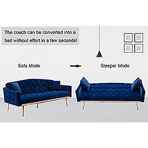 SLEERWAY Velvet Futon Sofa Bed with Two Pillows, Modern Sleeper Sofa Couch with 3 Adjustable Angles, Convertible Loveseat for Living Room and Bedroom, Blue