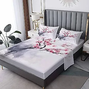 Cherry Blossom Sheets Full Size, Sakura Japanese Style Bed Sheets, Patterned Bedding Sheets & Pillowcases 4 Piece Set - Soft Microfiber Deep Pocket Fitted Sheet & Flat Sheet & 2 Pillow Cases L2-&-112